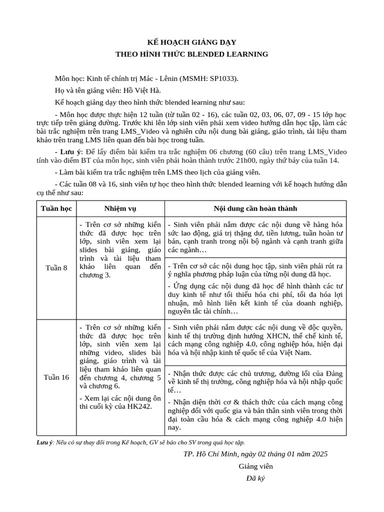 Kế hoạch tự học SV theo HTGD Blended learning 2025 | PDF