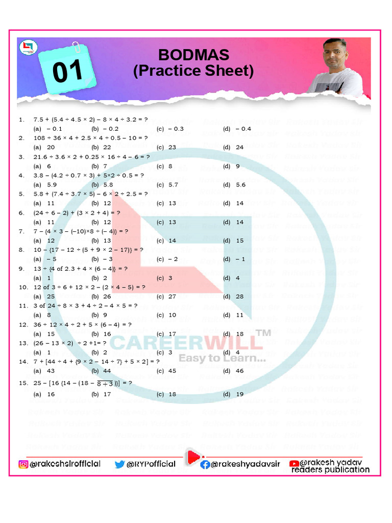 Bodmass Practice Sheet - 01 | PDF
