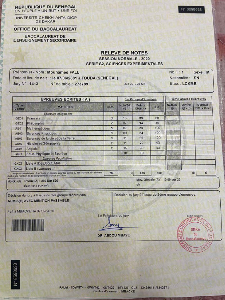 Relevé de Notes Du BAC | PDF