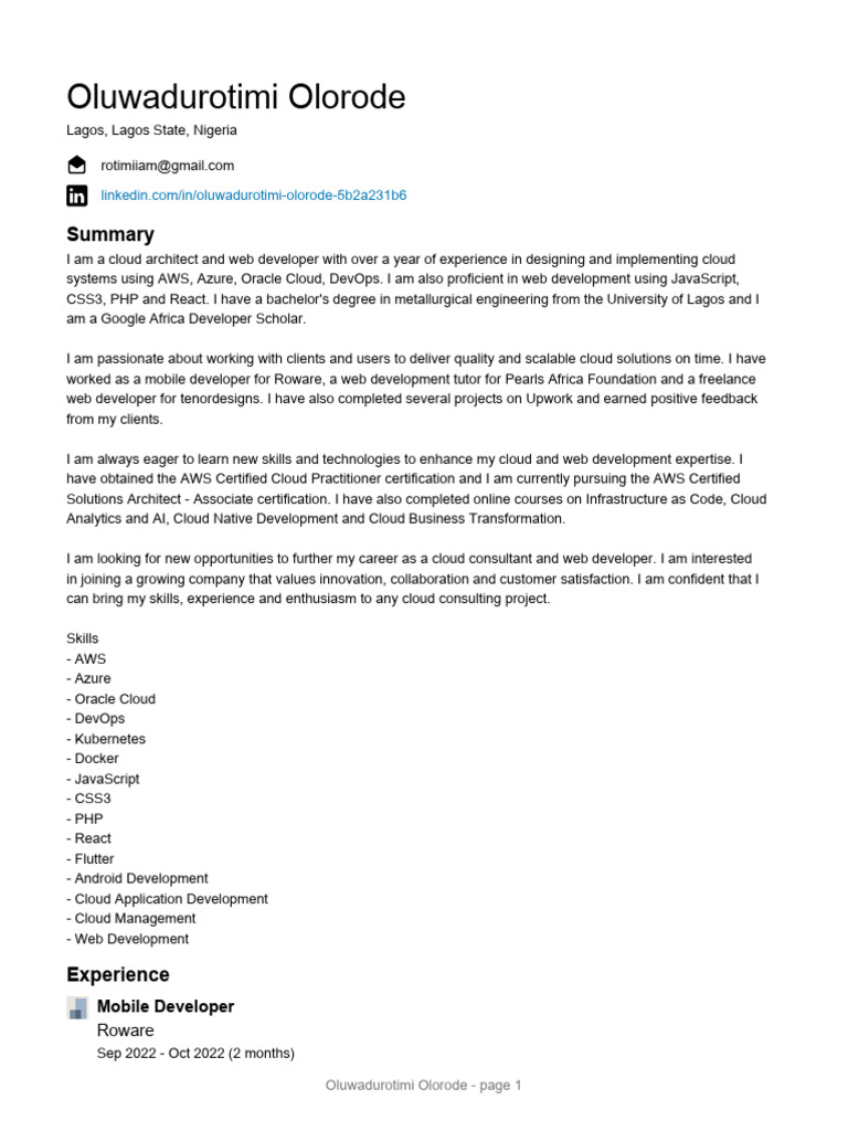 Resume-Oluwadurotimi-Olorode Cloud | PDF | Web Development | Cloud ...