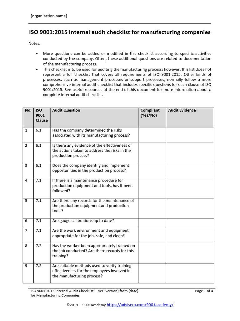 ISO_9001_2015_Internal_Audit_Checklist - Copy | PDF | Iso 9000 | Audit