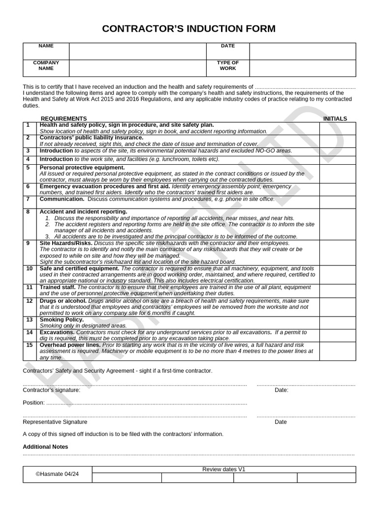 F056 08 Contractors Induction Form | PDF | Occupational Safety And ...