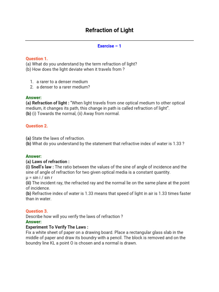 Refraction of Light: Concepts and Exercises | PDF | Refraction ...