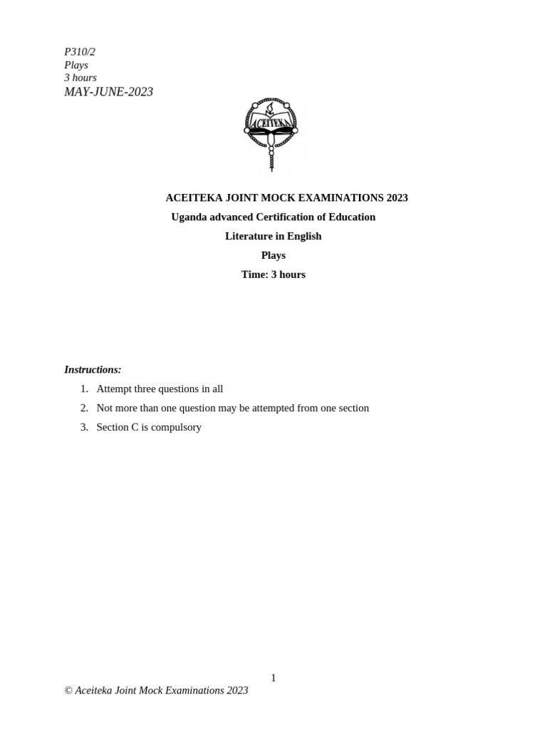 Aceiteka Joint Mock Examiations 2023 Literature S.6 | PDF