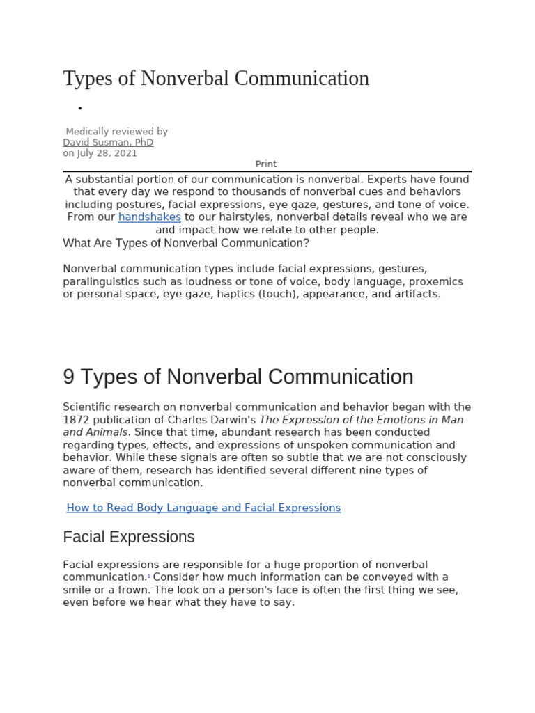 Types of Nonverbal Communication | PDF | Nonverbal Communication | Body ...