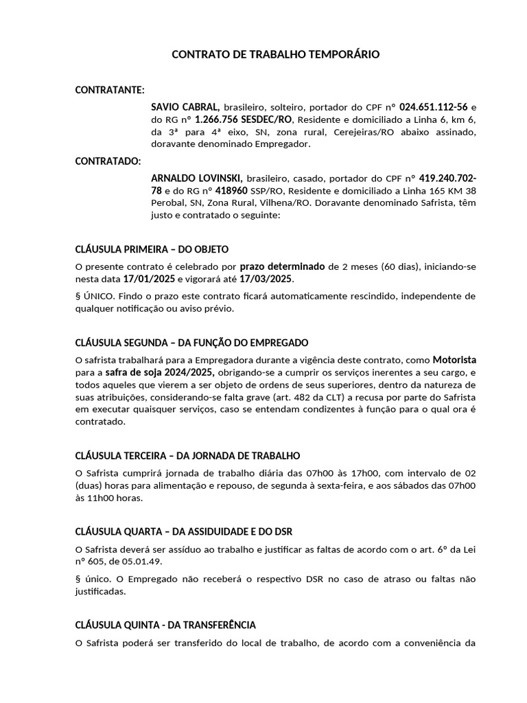 Contrato - Trabalho Temporario | PDF | Salário | Expediente