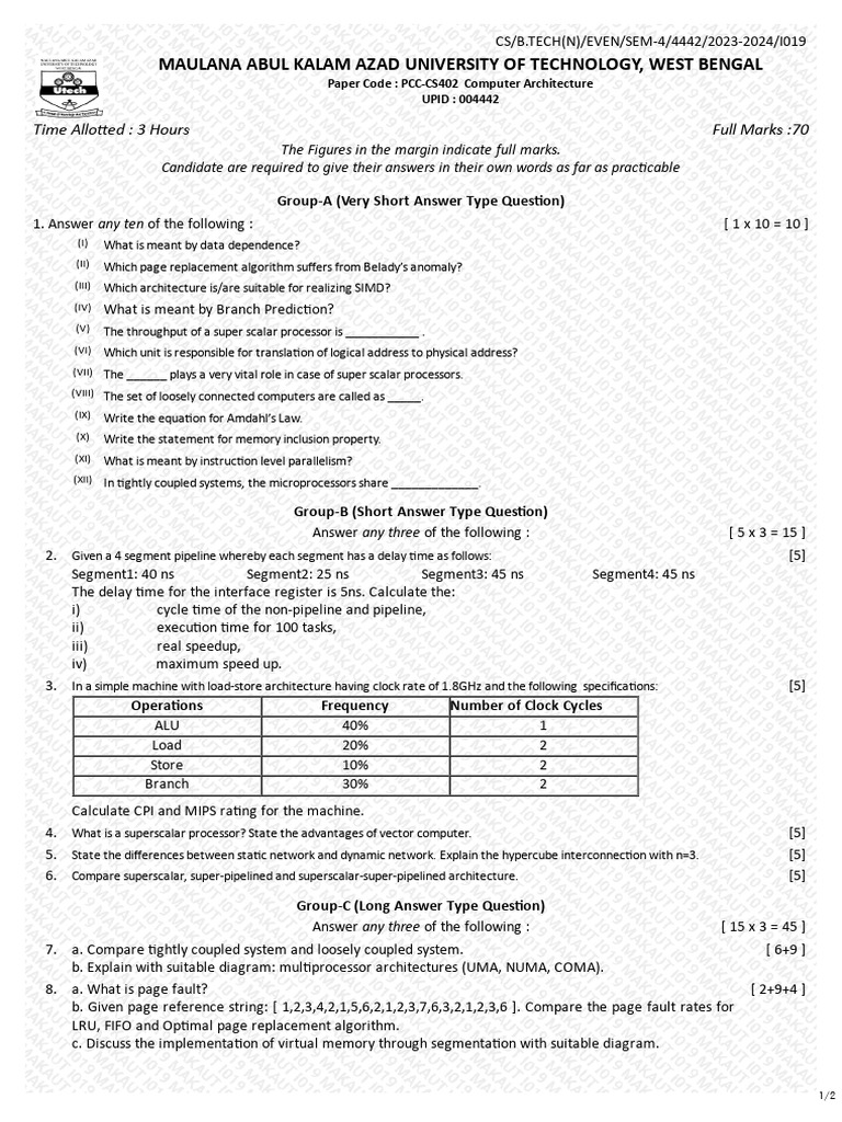 Computer Architecture Exam Paper 2023 | PDF | Central Processing Unit ...