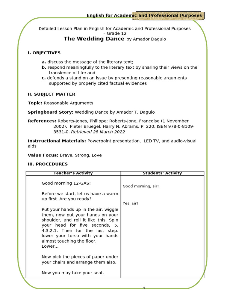 Grade 12 English Lesson Plan: Wedding Dance | PDF | Human Communication ...
