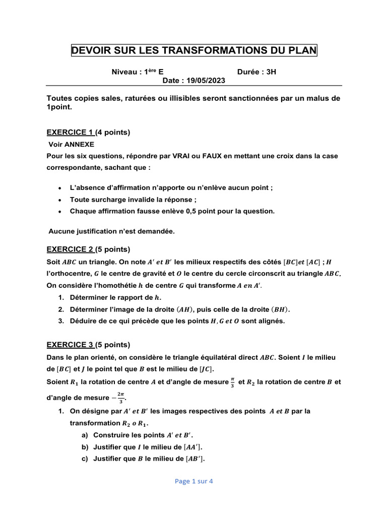 DEVOIR SUR LES TRANSFORMATIONS DU PLAN | PDF | Triangle | Géométrie ...
