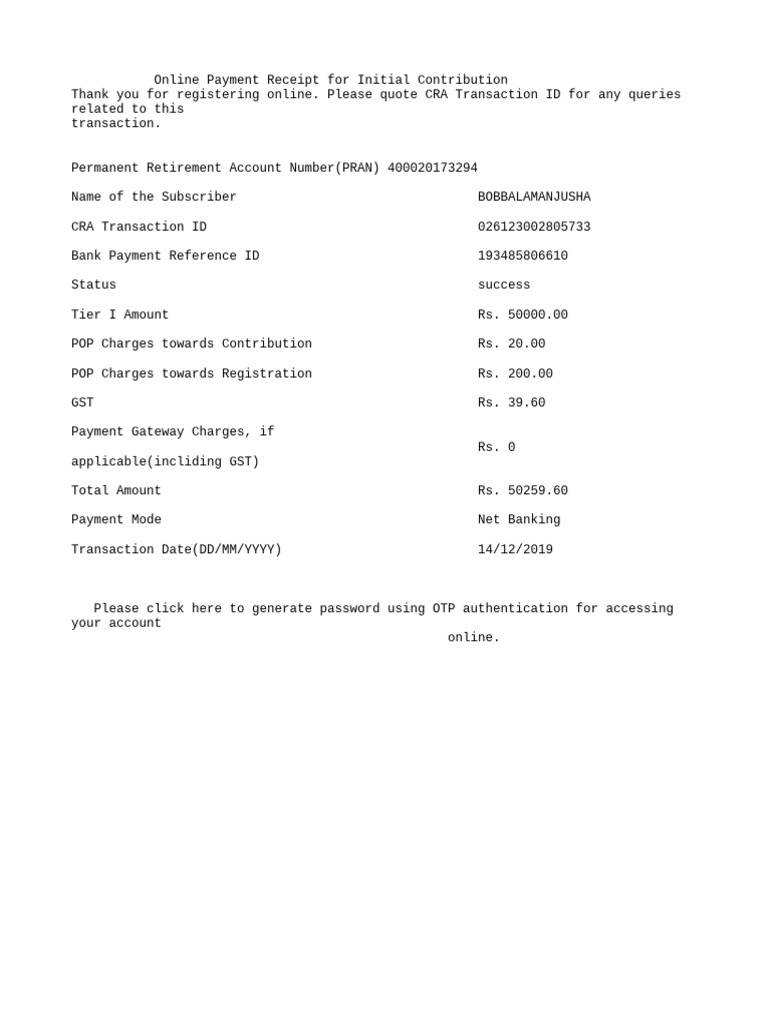 National Pension Scheme NPS Receipt | PDF