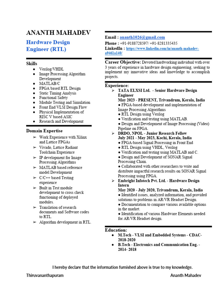 Resume template | PDF | Field Programmable Gate Array | Vhdl