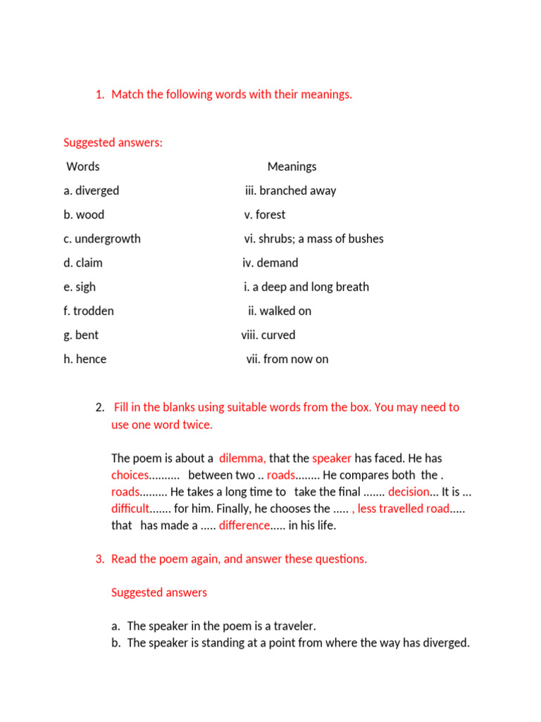 1 The Road not Taken answers | PDF