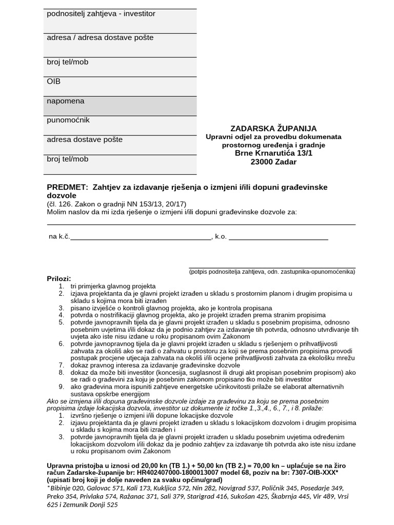 Zahtjev Za Izdavanje Rjesenja o Izmjeni Iili Dopuni Gradevinske Dozvole | PDF