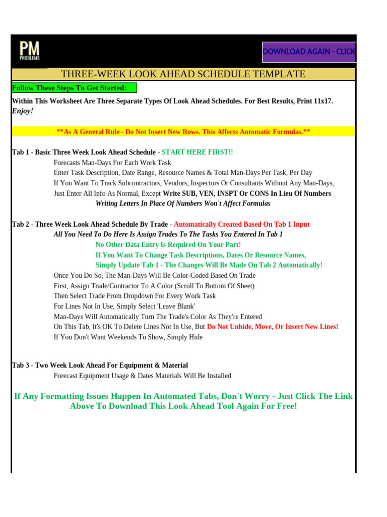 3 Week Look Ahead Schedule Excel Template REV 1a | PDF | Lumber