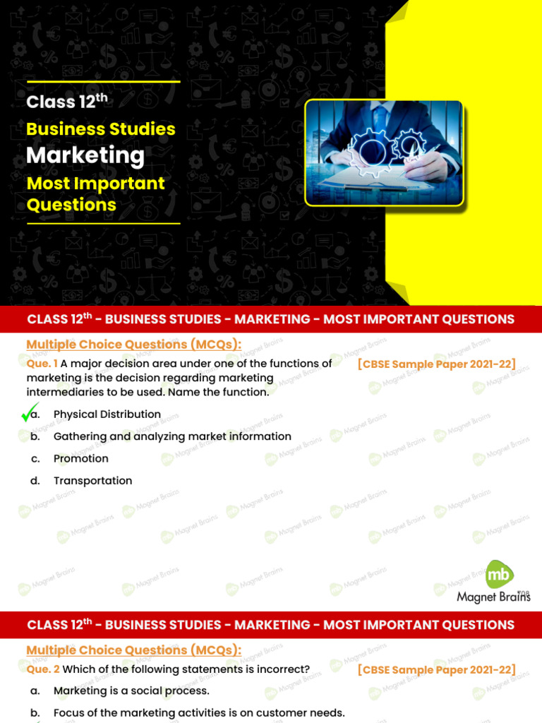 Class 12 Marketing MCQs and Answers | PDF | Marketing | Prices