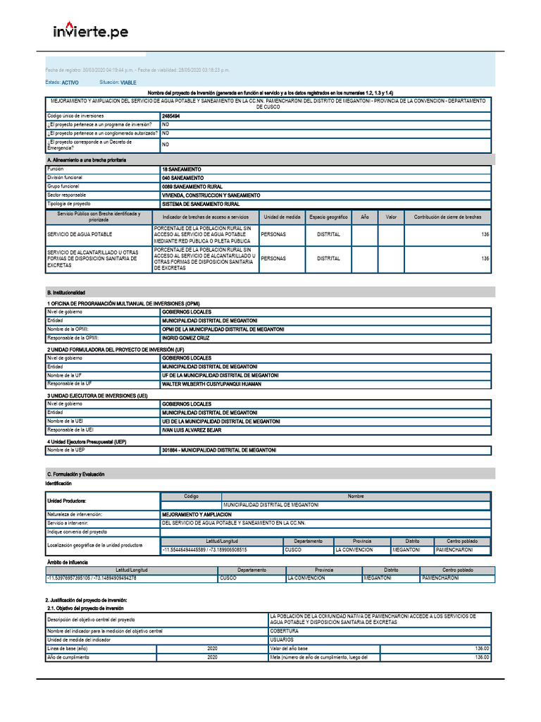 Formato 7A | PDF | Saneamiento | Tasa interna de retorno