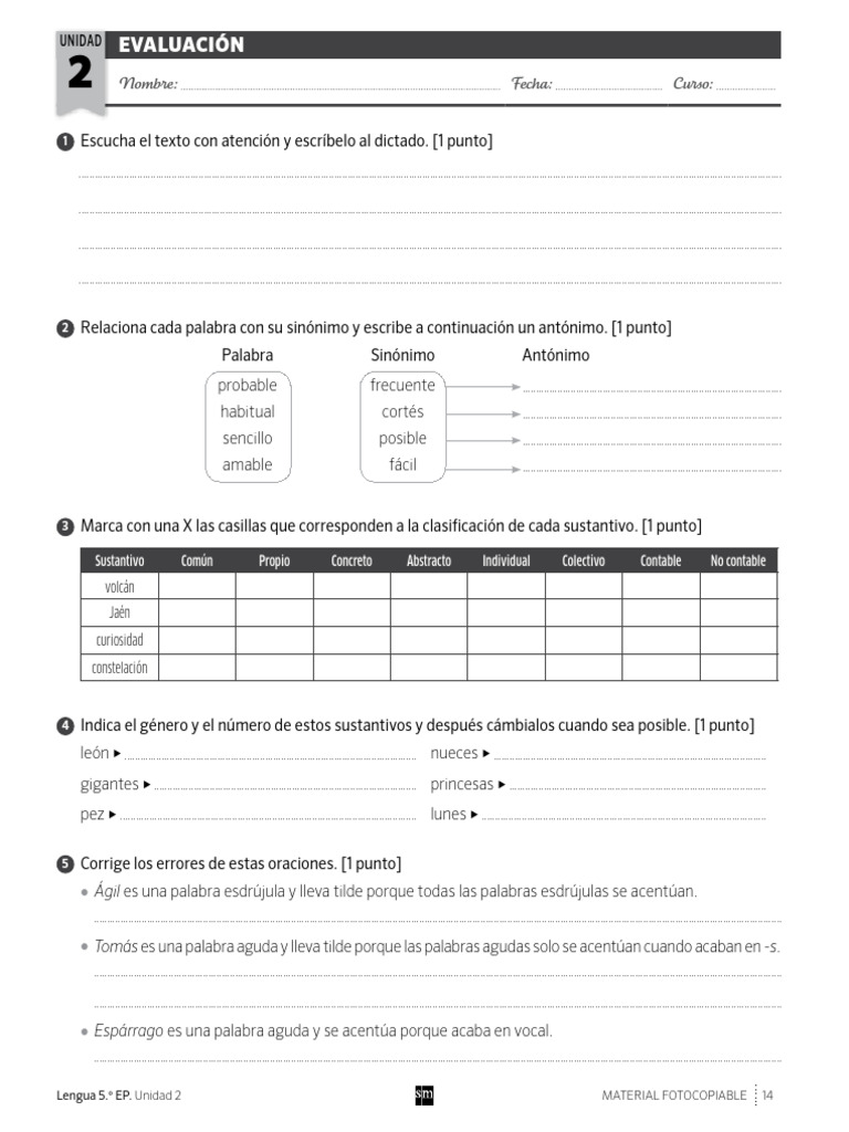 Lengua 5 Evaluacion Tema 2 | PDF | Sustantivo | Lingüística