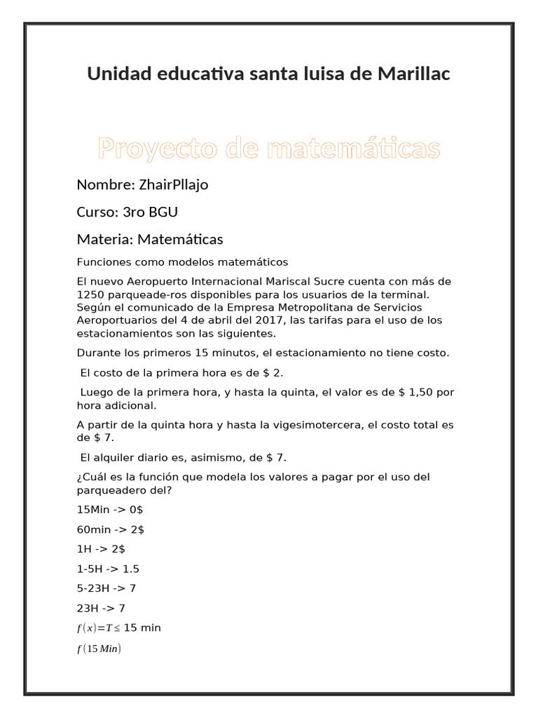 Unidad Educativa Santa Luisa de Marilla Proyecto de Mate Zhair Pillajo | PDF