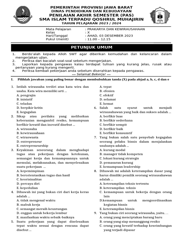 Soal Pas Smait QM Prakarya Kelas X | PDF