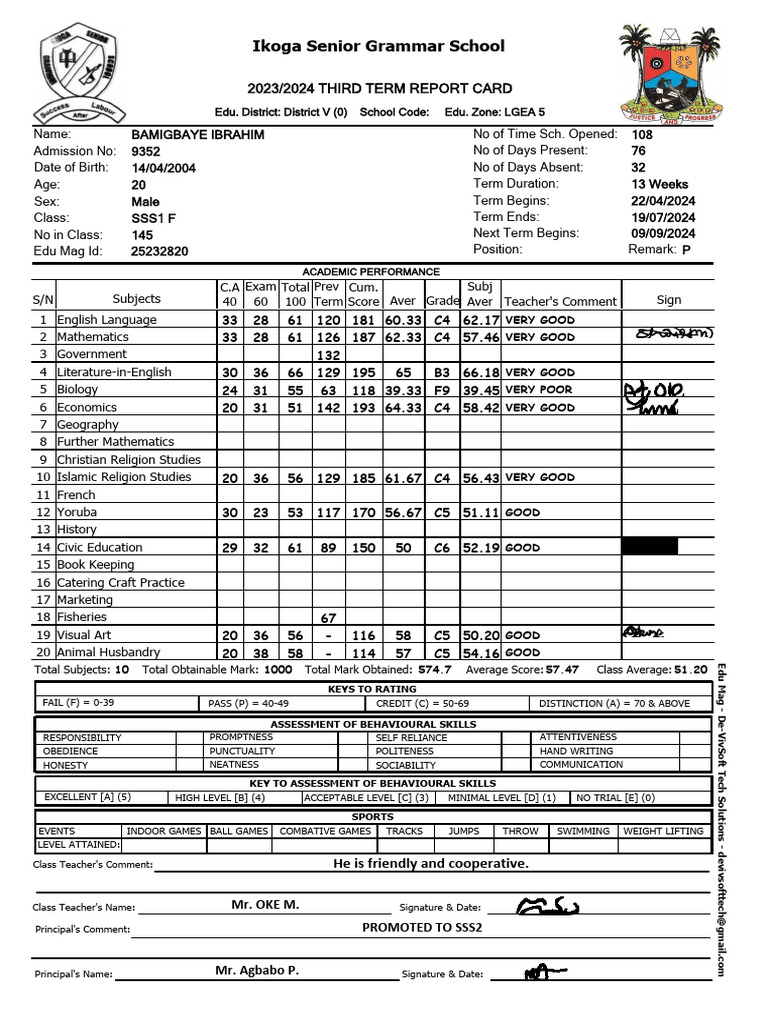 SSS1 Third Term Report Card 2023/2024 | PDF