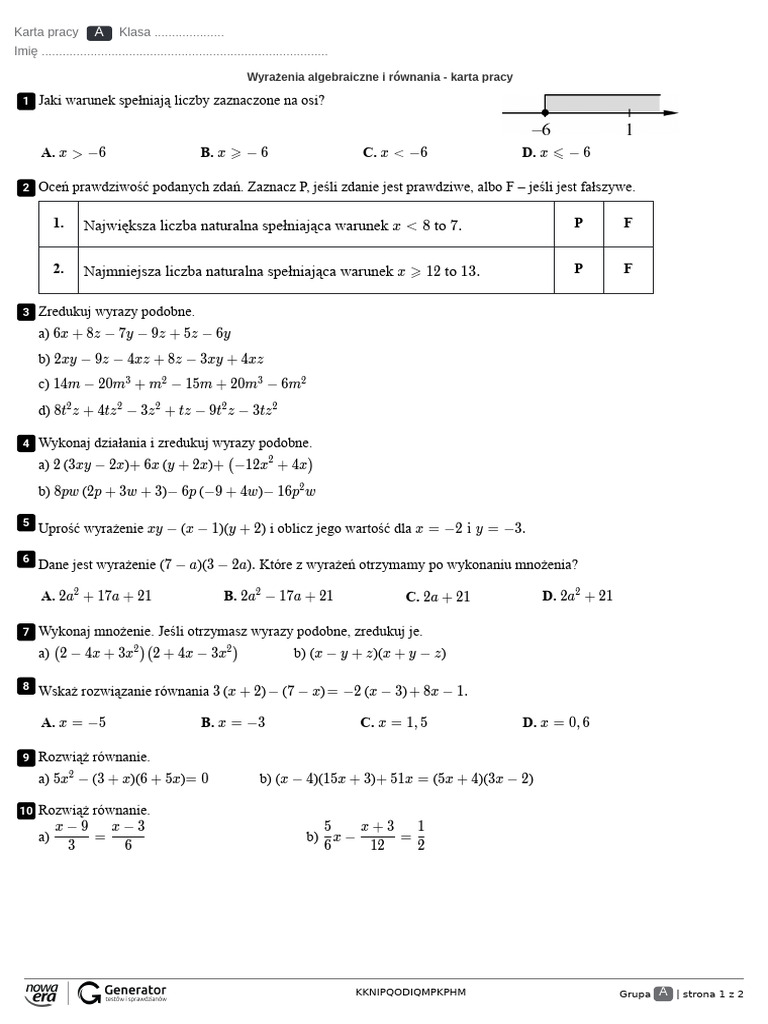 Wyrażenia Algebraiczne I Równania - Karta Pracy Karta Pracy | PDF
