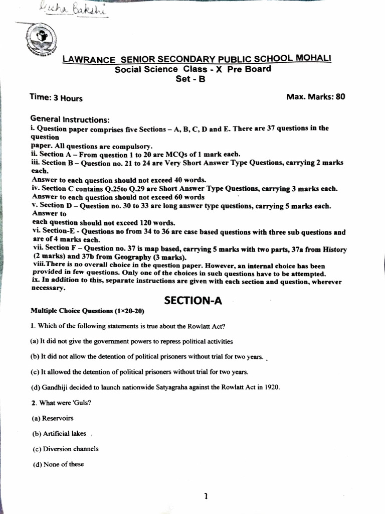 Class 10th SST Pre Board LPS | PDF | Nationalism | Debt