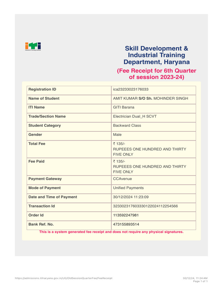 Fee Receipt for ITI Electrician Course | PDF | Payments