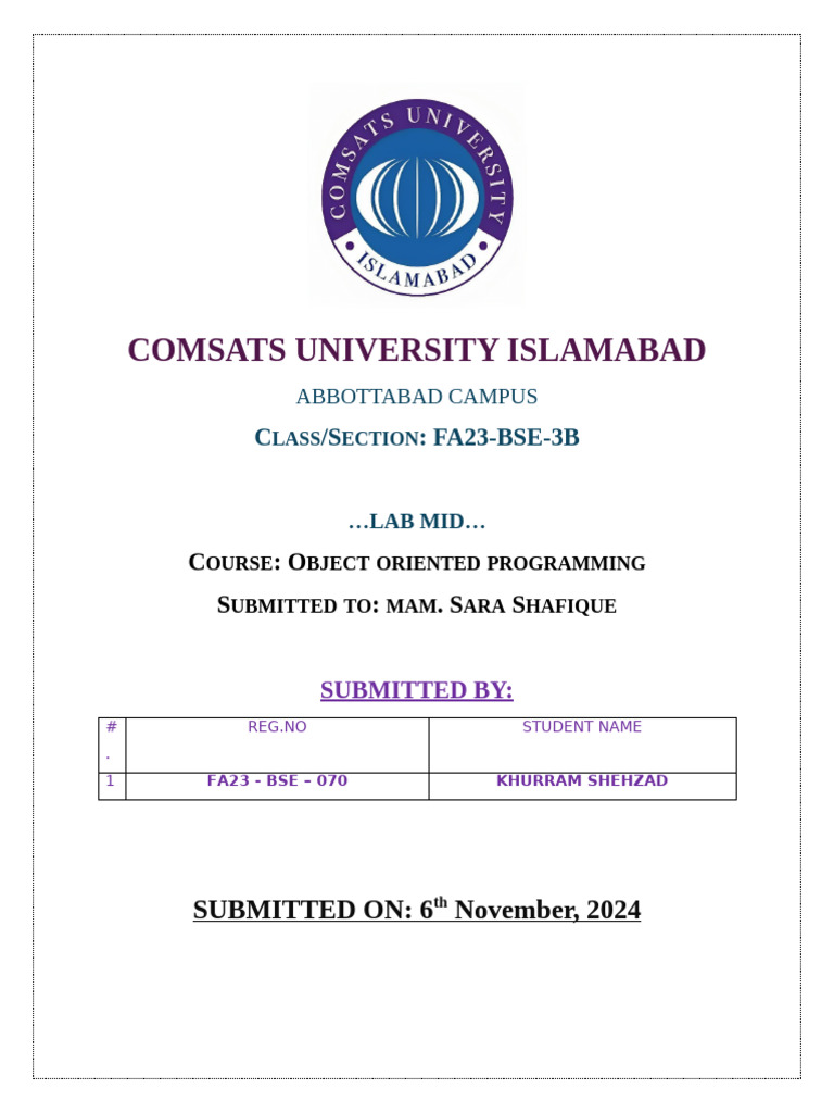 Opp Lab Mid Fa23-Bse-070 | PDF | Class (Computer Programming) | Inheritance (Object Oriented ...