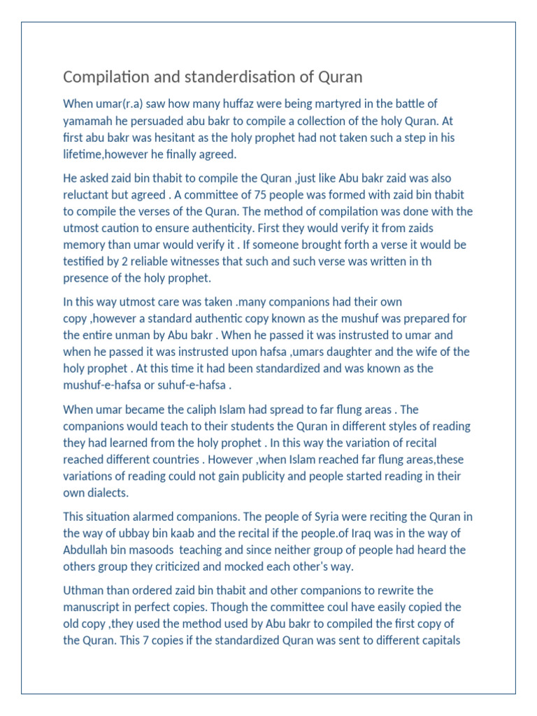 Compilation and Standerdisation of Quran | PDF