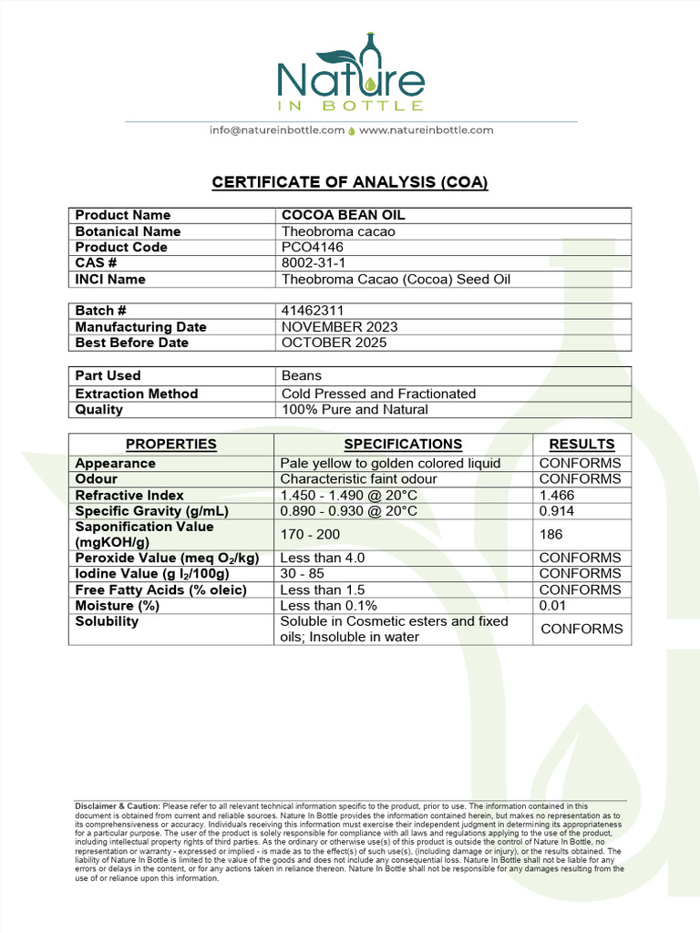 Cocoa Bean Oil - Certificate of Analysis 1 | PDF | Chemical Substances