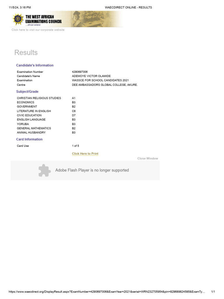 Waecdirect Online - Results | PDF