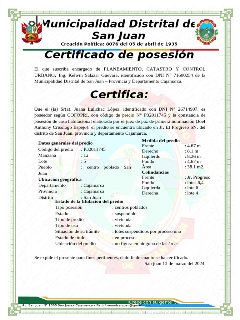 Certificado de Posicion | PDF
