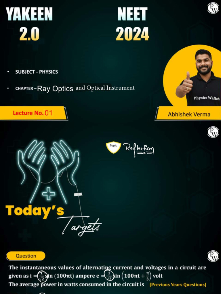Ray Optics and Optical Instruments 01 - Class Notes - Yakeen 2.0 2024 ...
