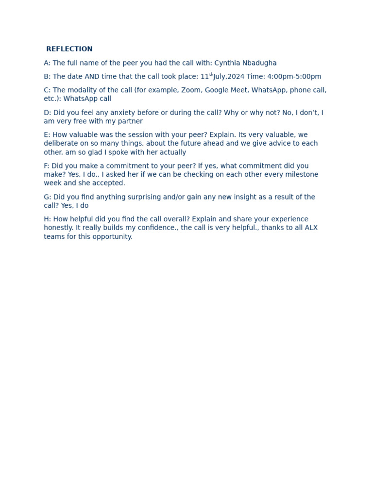 Reflection on Peer Call with Cynthia | PDF