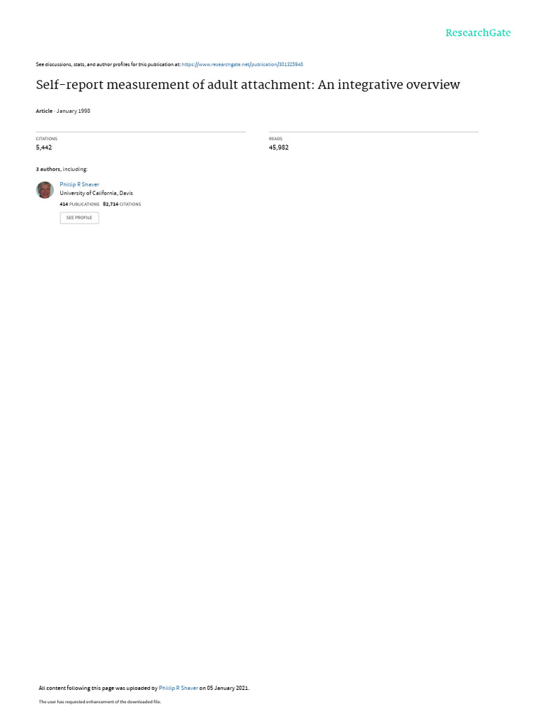 Self-Report Measurement of Adult Attachment An Integrative Overview. | PDF