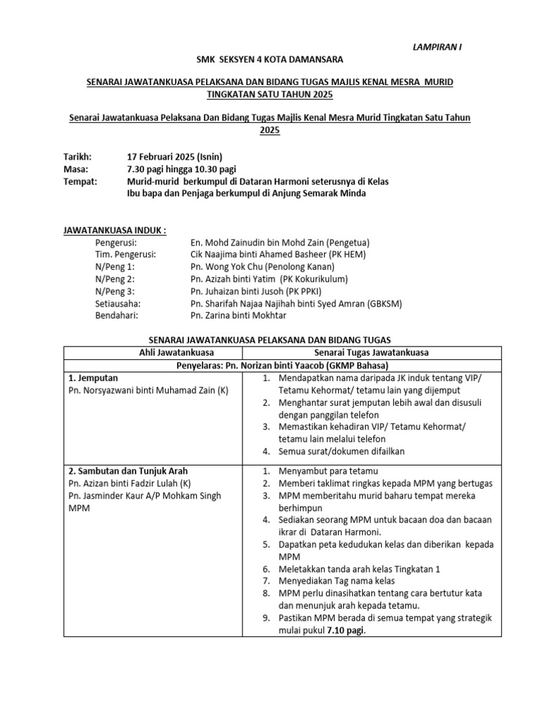 Ajk Orientasi Tingkatan 1 Tahun 2025 | PDF