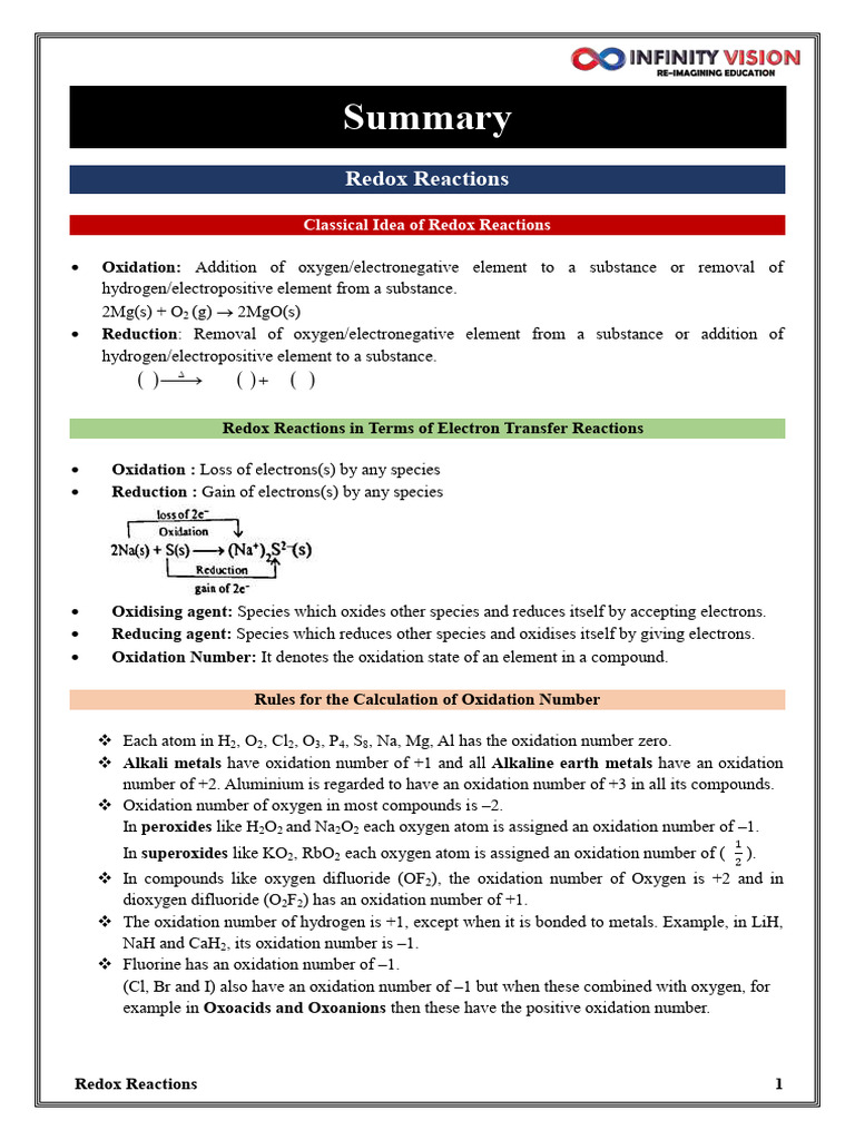 Redox Reactions Summary. | PDF | Redox | Chemical Reactions