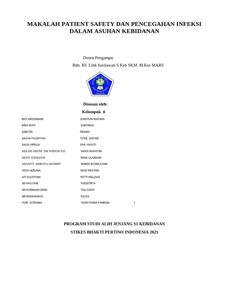 Makalah Patient Safety Dan Pencegahan Infeksi Dalam Asuhan Kebidanan 1 | PDF