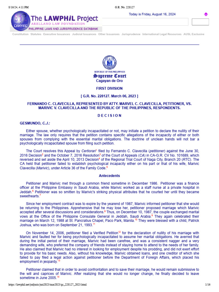 Clavecilla v. Clavecilla G.R. No. 228127 | PDF | Annulment | Equity (Law)