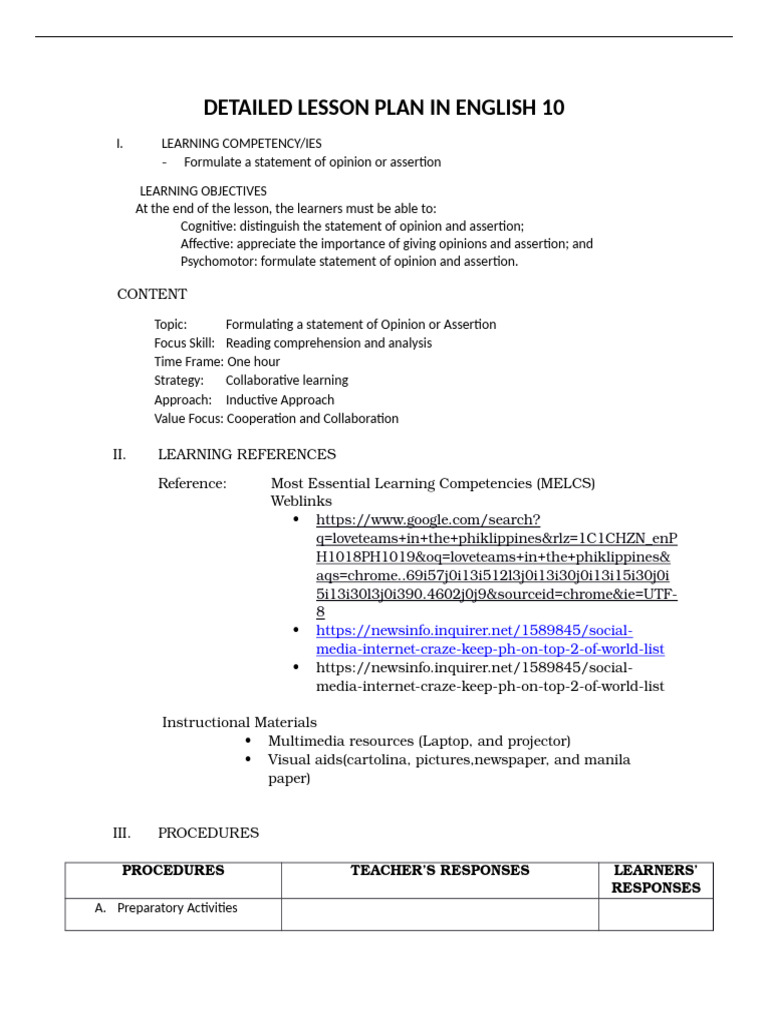 Lesson Plan: Opinion vs. Assertion | PDF | Learning | Lesson Plan