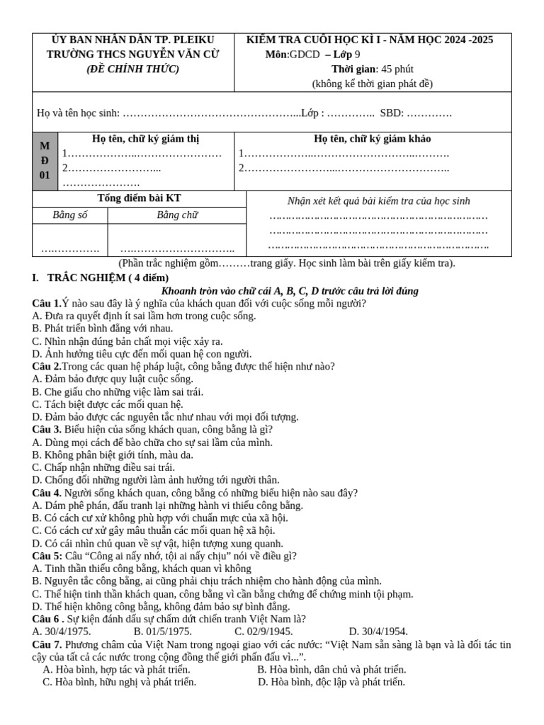 DE KIEM TRA GDCD 9 CUOI KI 1 24-25 - Copy | PDF