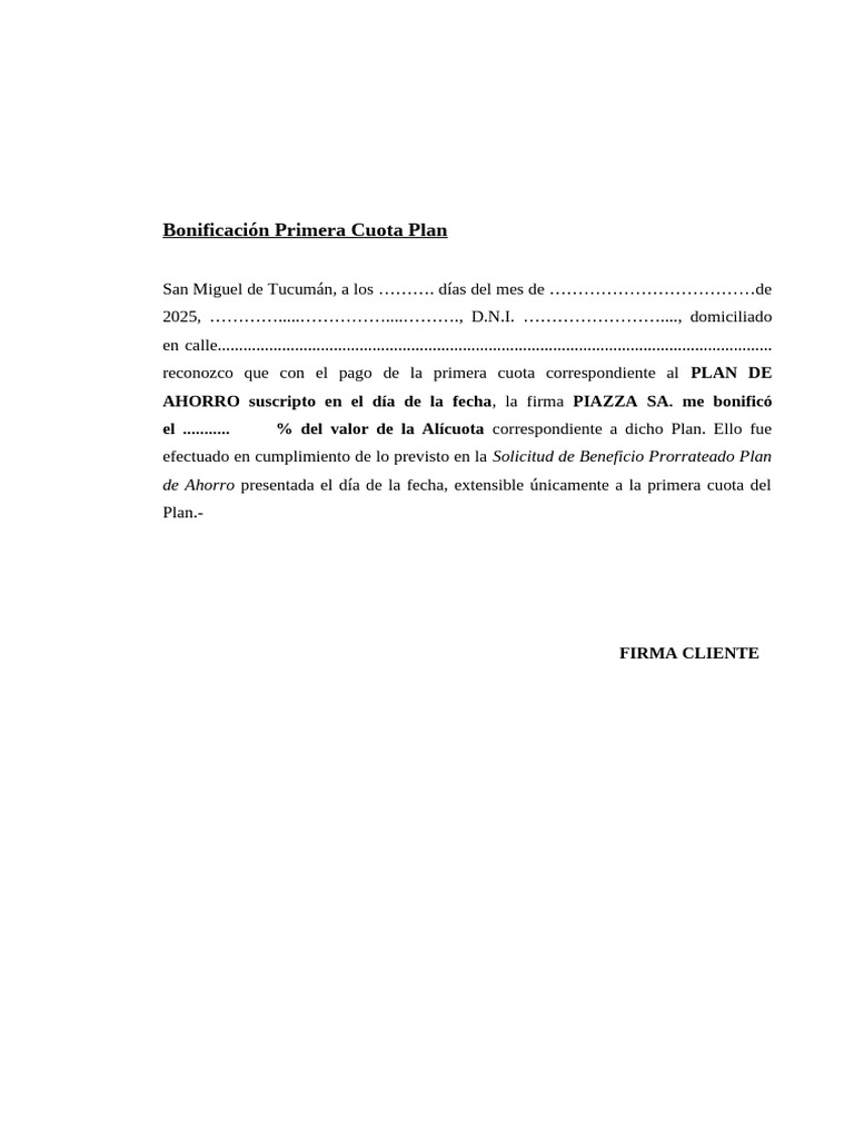 Bonificación Primera Cuota Plan Reconocimient o | PDF