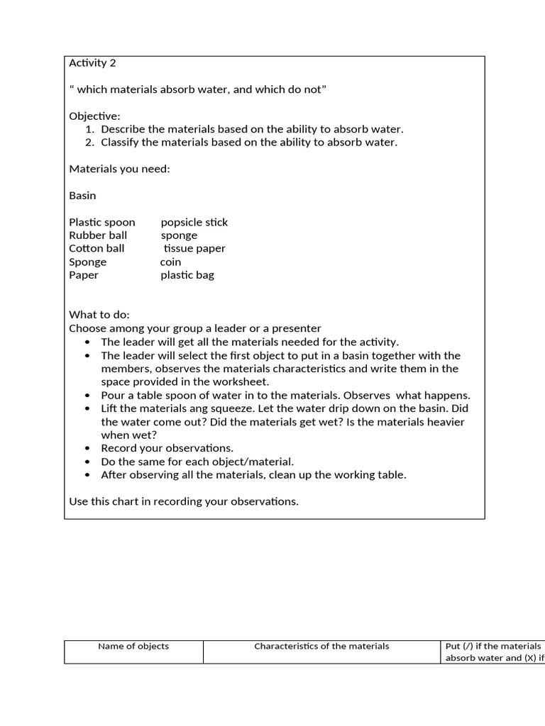 Water Absorption Activity Guide | PDF