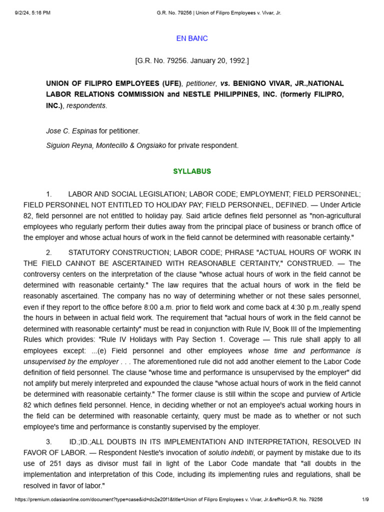 G.R. No. 79256 - Union of Filipro Employees v. Vivar, JR | PDF | Appeal | Overtime