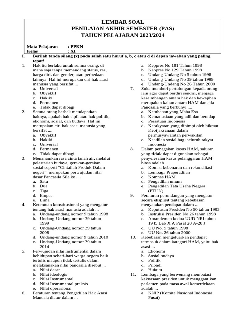 PAS PPKN KLS XI PUI (2) | PDF