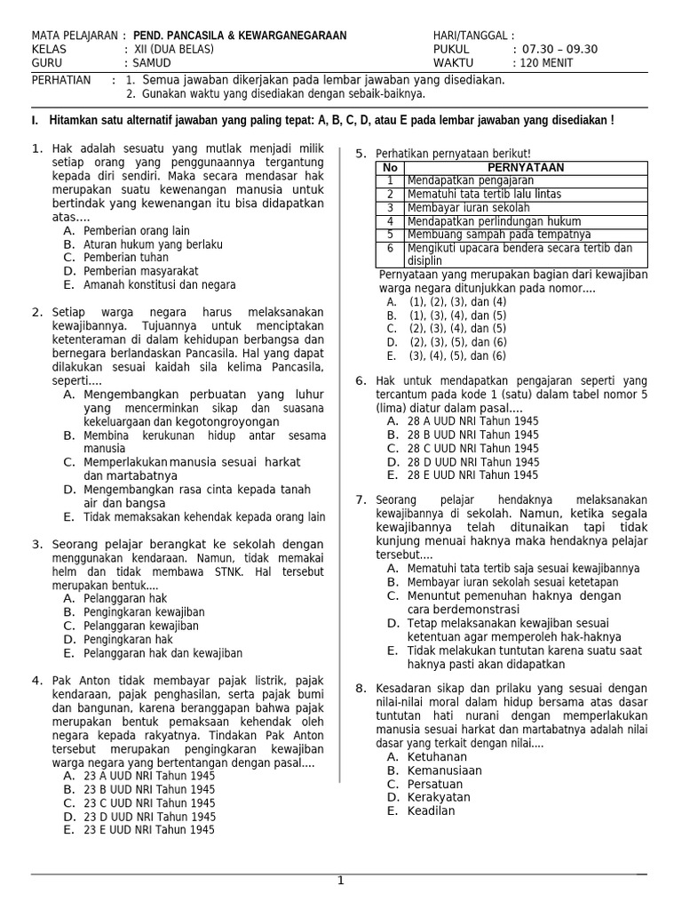 Soal Pas PKN Kelas Xii | PDF