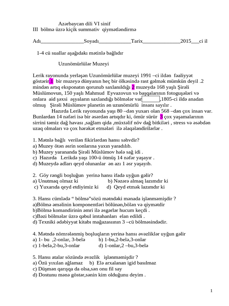 Azərbaycan Dili VI Sinif KSQ 3 | PDF