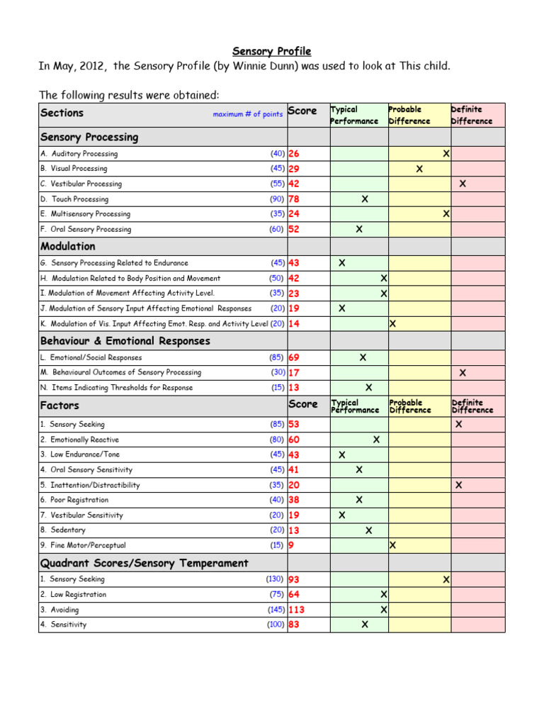 Sample Sensory Profile | PDF | Attention | Perception