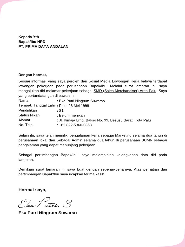 Lamaran Pekerjaan SMD di PT Prima Daya | PDF