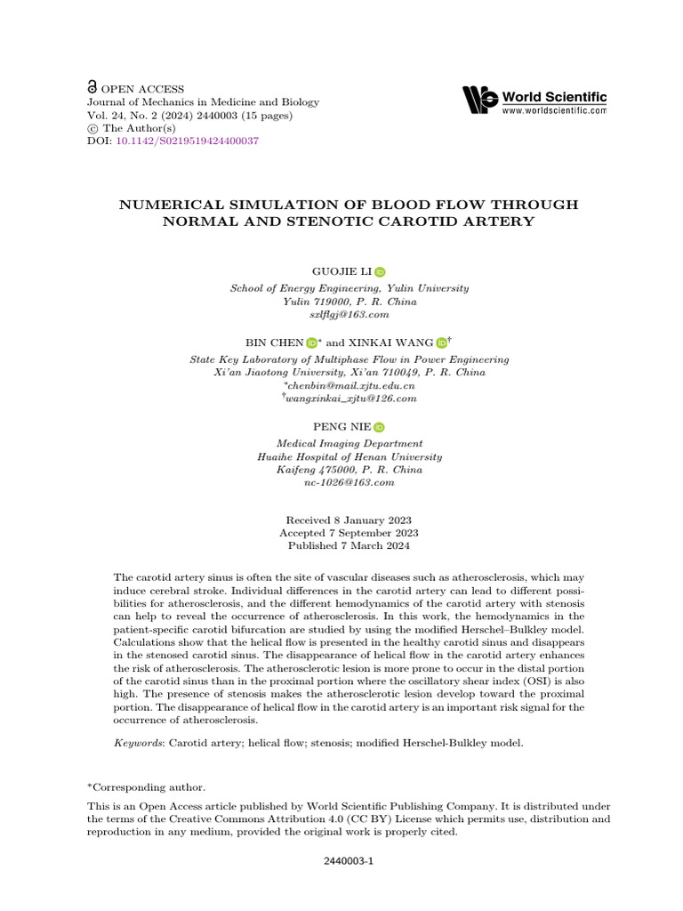 Li Et Al 2024 Numerical Simulation of Blood Flow Through Normal and Stenotic Carotid Artery ...